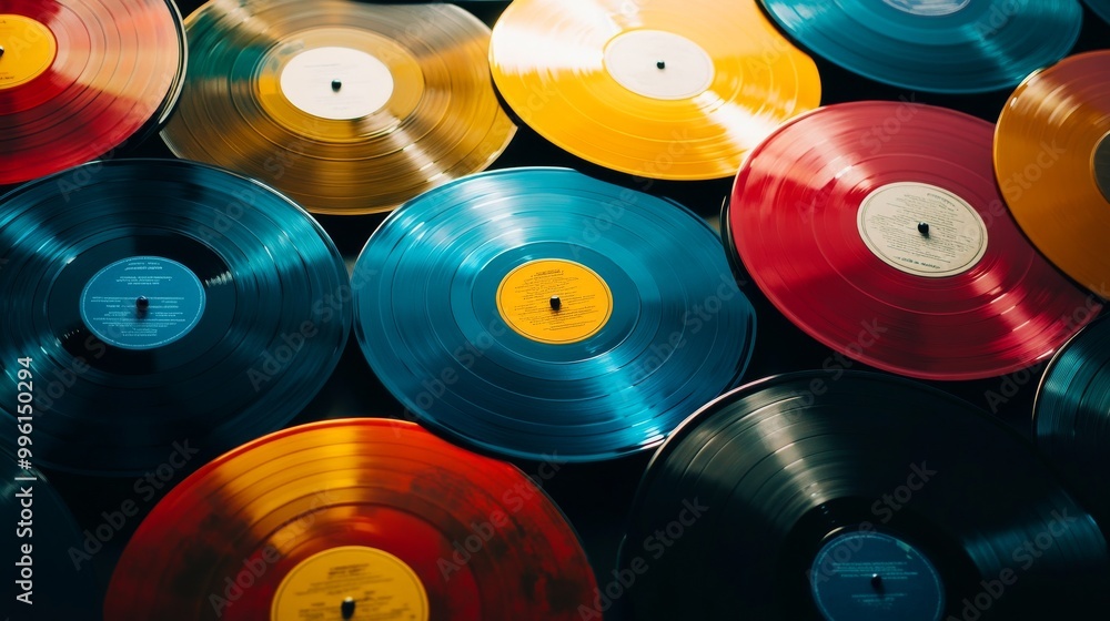 Colorful vinyl records, seen from above. They're perfect for a retro ...