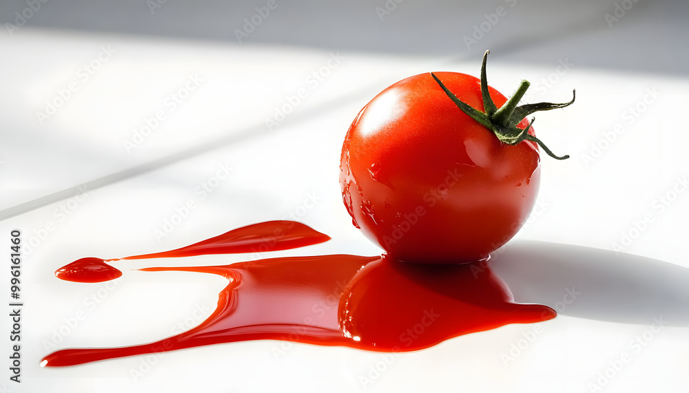 a vibrant red tomato spilled and rolling on the pristine white floor ...