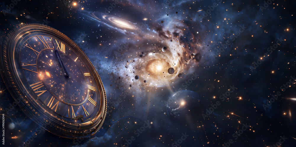 Cosmic clock in space surreal scene of time and universe Stock Photo ...