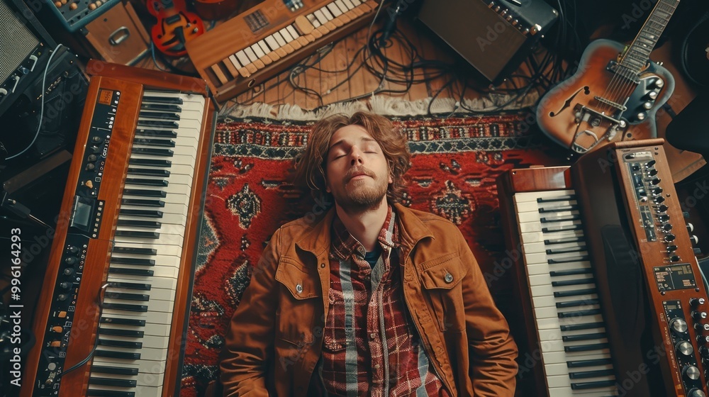 An overhead view of a man on a brooding man lying on the floor enjoying ...