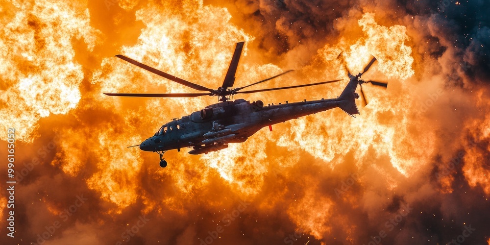 A powerful helicopter flies through a fiery explosion. The image ...