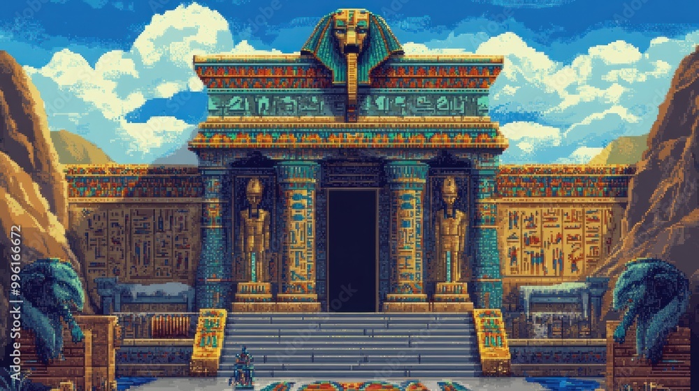 Pixelated Ancient Egyptian Temple with a Sphinx at the Entrance Stock ...