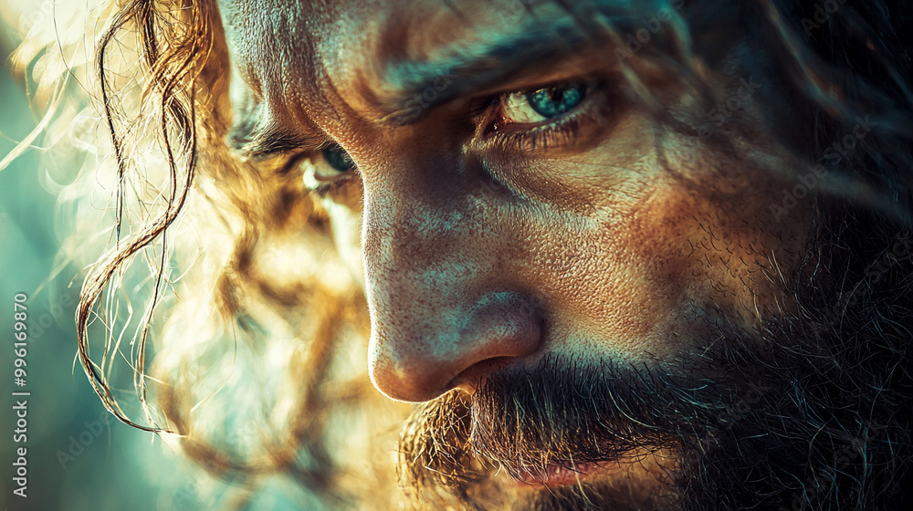 Biblical character. Close-up portrait of a serious man with a beard ...