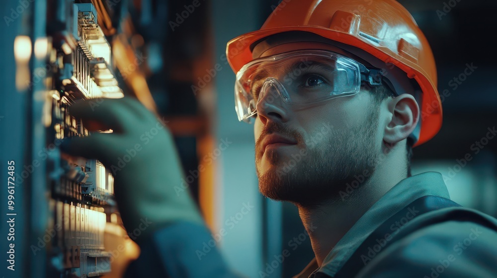 male electrician expertly navigating complex fuse box safety gear ...