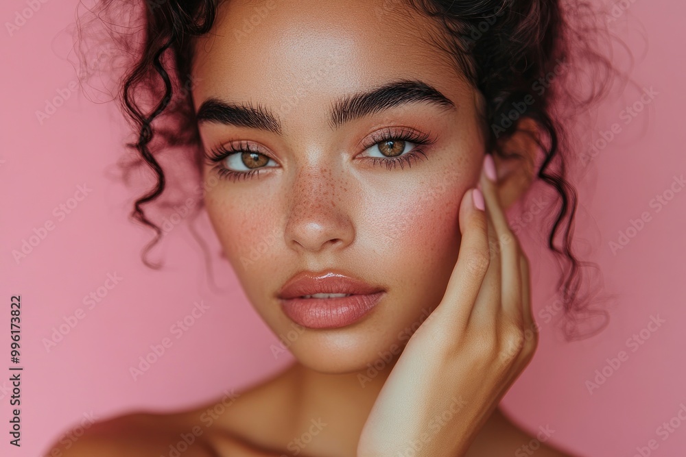 Stunning Latina woman with radiant skin and soft makeup gently touches ...