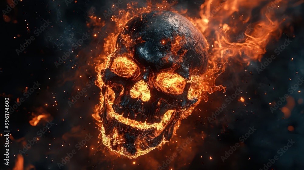 menacing skull wreathed in vibrant flames jaw agape in a fierce scream ...