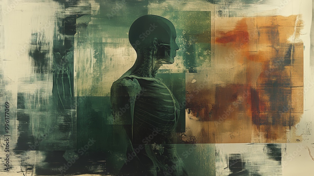 An representation blending human anatomy with grunge textures. The ...