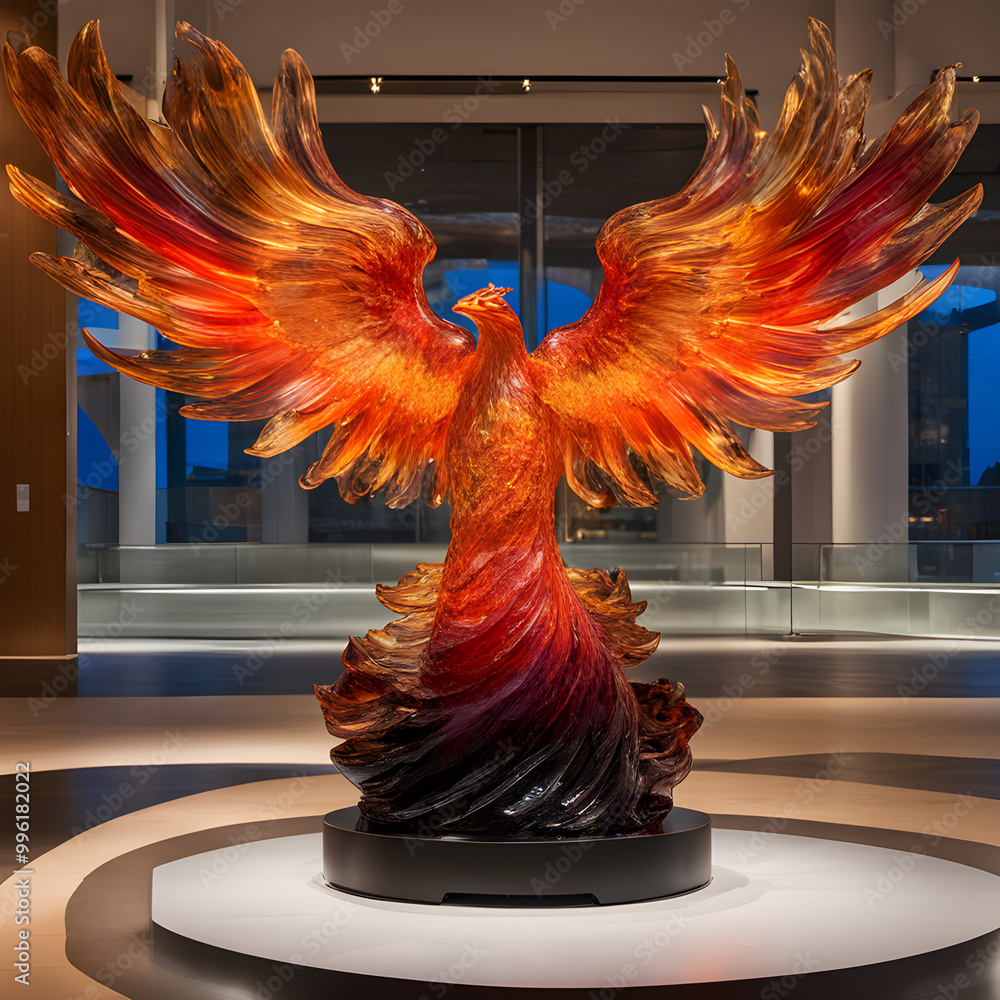 “A towering glass sculpture of a phoenix, rising from a base of molten ...