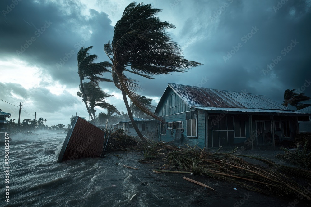 A powerful tropical storm wreaks havoc on a coastal town, with violent ...