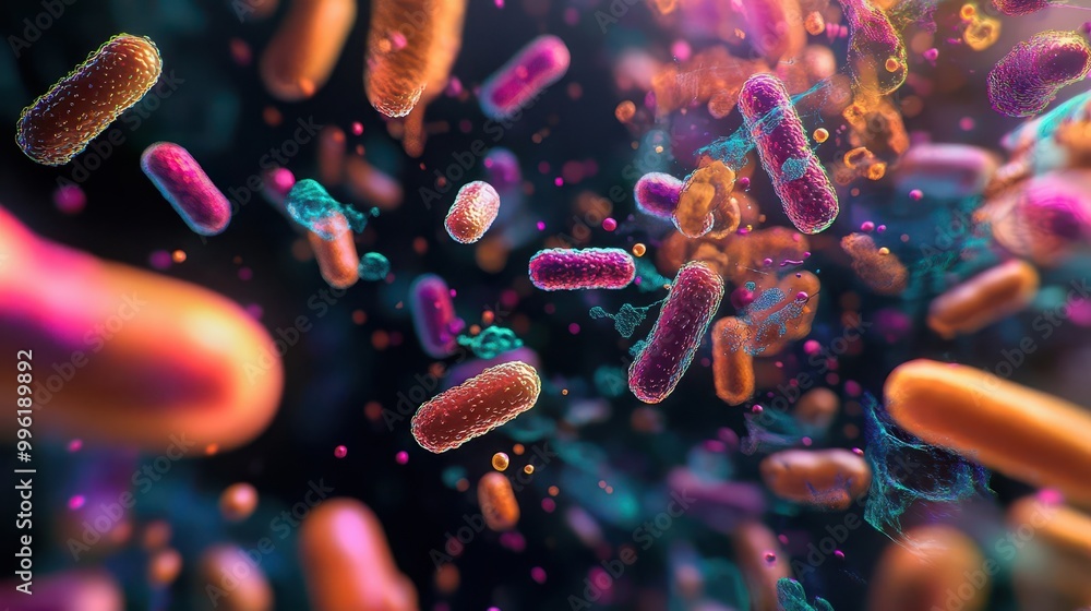 microscopic view of probiotic bacteria rendered in vibrant colors against a dark background ...