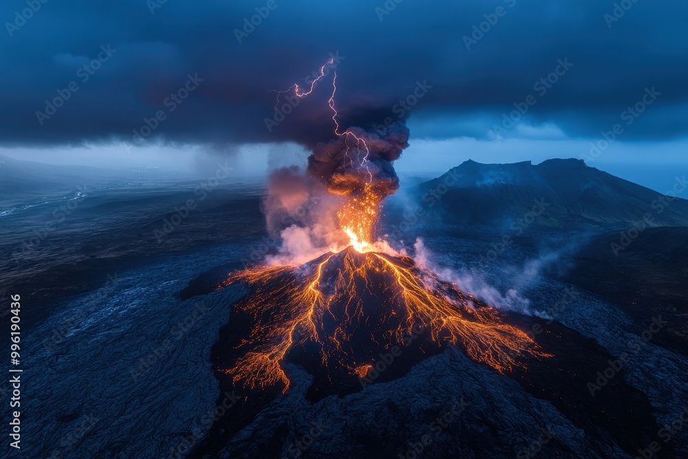 A captivating volcanic eruption occurring at night, featuring flowing ...