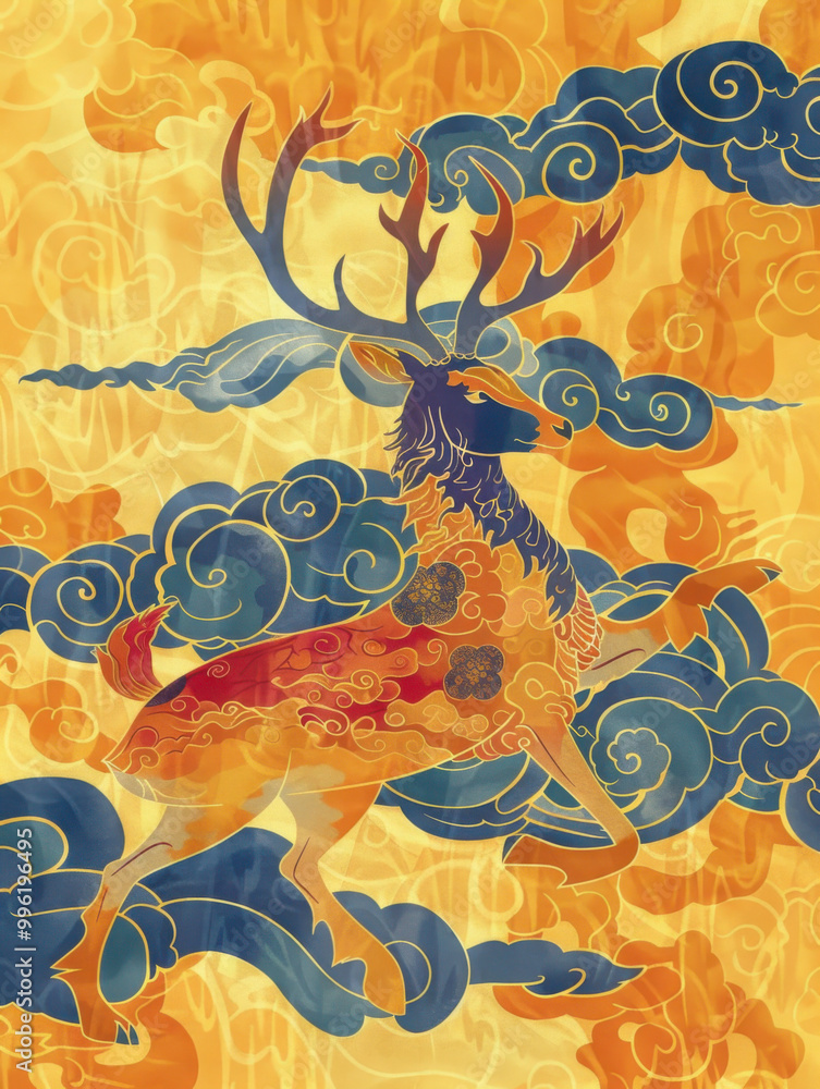 Dunhuang-Inspired Art: A Majestic Nine-Colored Deer Amidst Auspicious ...