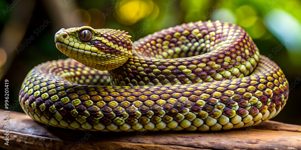 Venomous pit viper with distinctive diamond-shaped patterns on its back ...