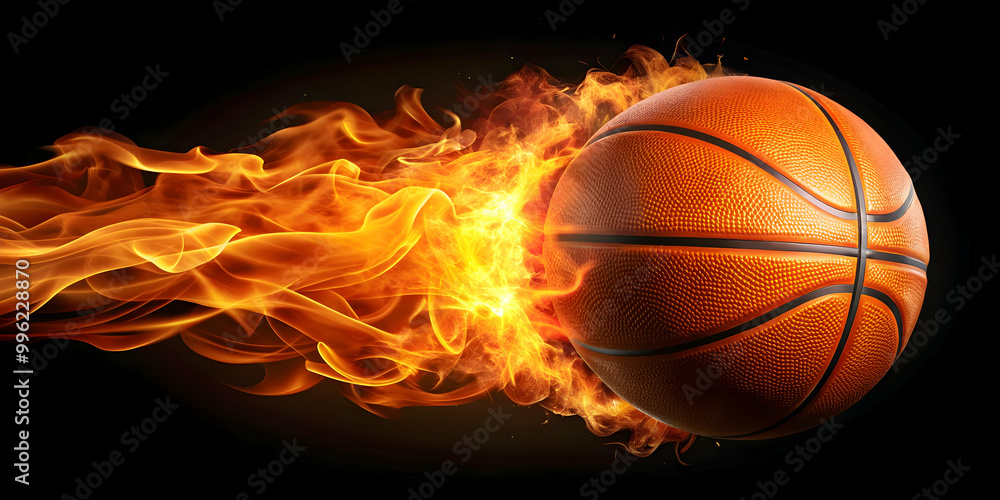 Burning basketball on fire with flame tail on black background, sport ...