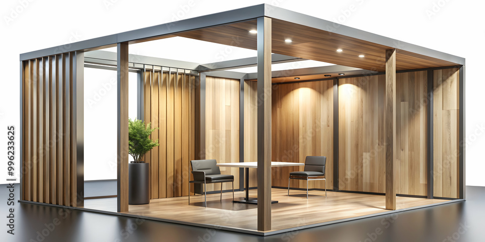 Sophisticated blank booth system with wood and metal materials , render ...