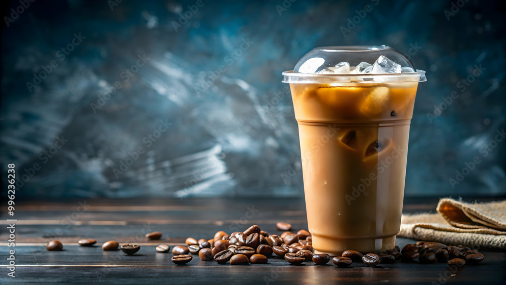 Iced coffee in a plastic cup with ice cubes on background for cafe menu ...