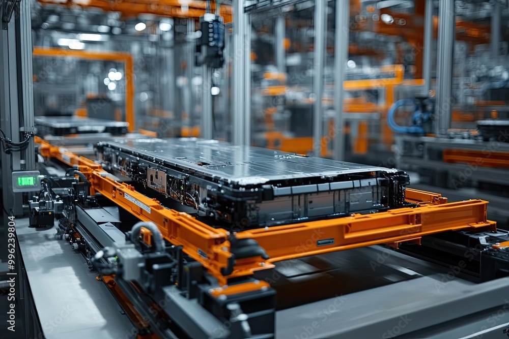 Battery pack on assembly line. This image depicts the manufacturing of ...