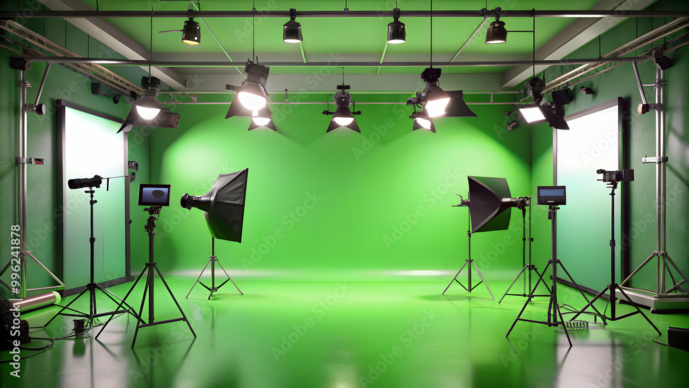 Green screen studio with professional lighting and spotlights for video ...