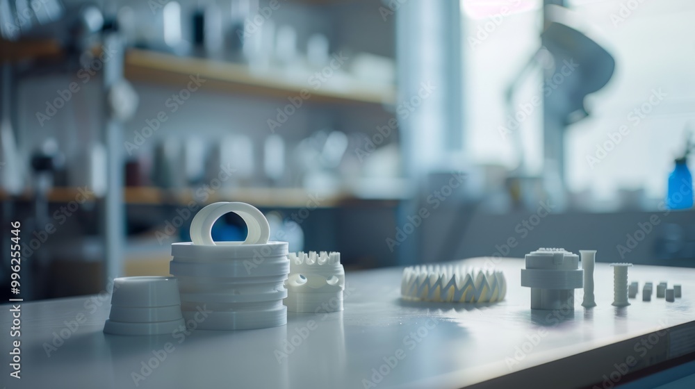 An array of 3D printed objects in various shapes and sizes lies neatly on a workbench in a ...