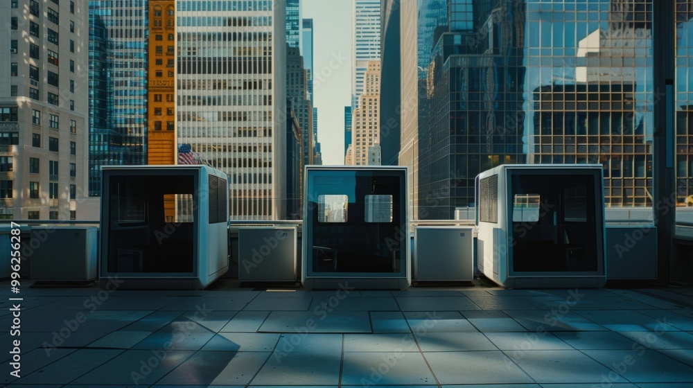 Three identical cubicle structures on a rooftop terrace amidst a city ...