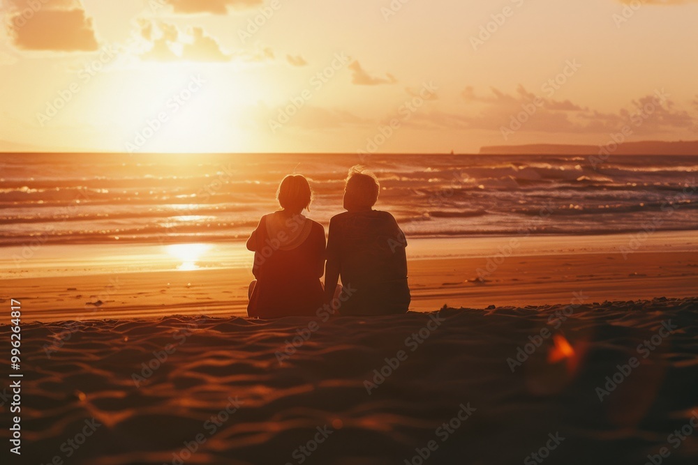 Two people sitting on the beach, watching the glowing sunset over the ...