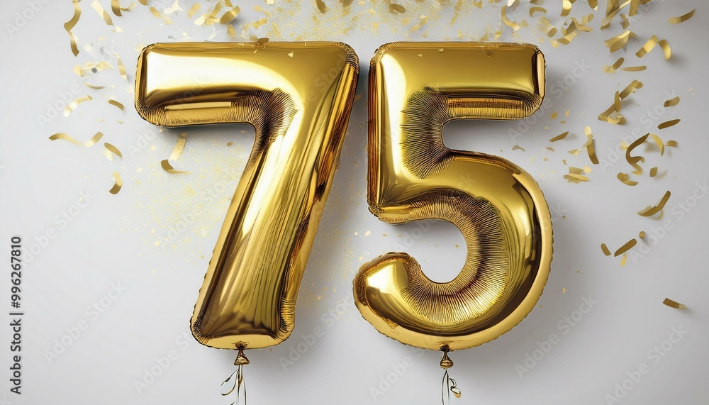 Gold birthday / anniversary balloon, number 75, white background with ...