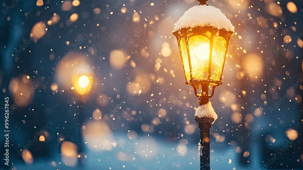 Snowflakes gently swirling around a lamp post on a snowy evening, with ...