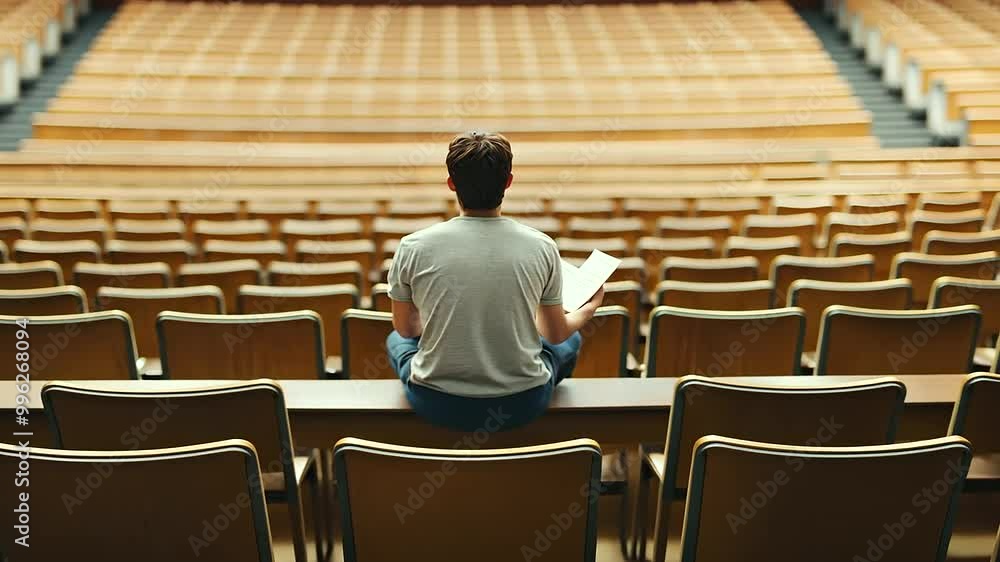 Student deep in thought while sitting on the floor of a lecture hall ...
