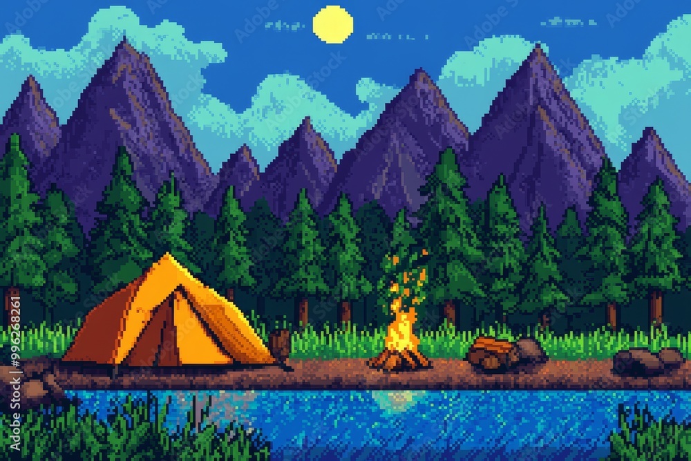 Stock image of pixel art camping with tents and bonfires, camping in ...