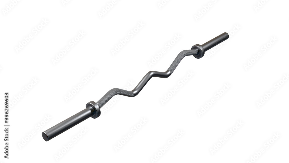 A metallic curved and crooked barbell, used for weightlifting, with ...