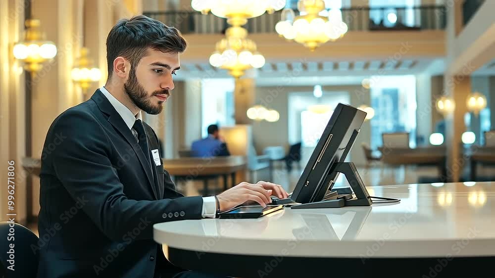 Hotel manager at the reception desk, focused on the computer screen ...