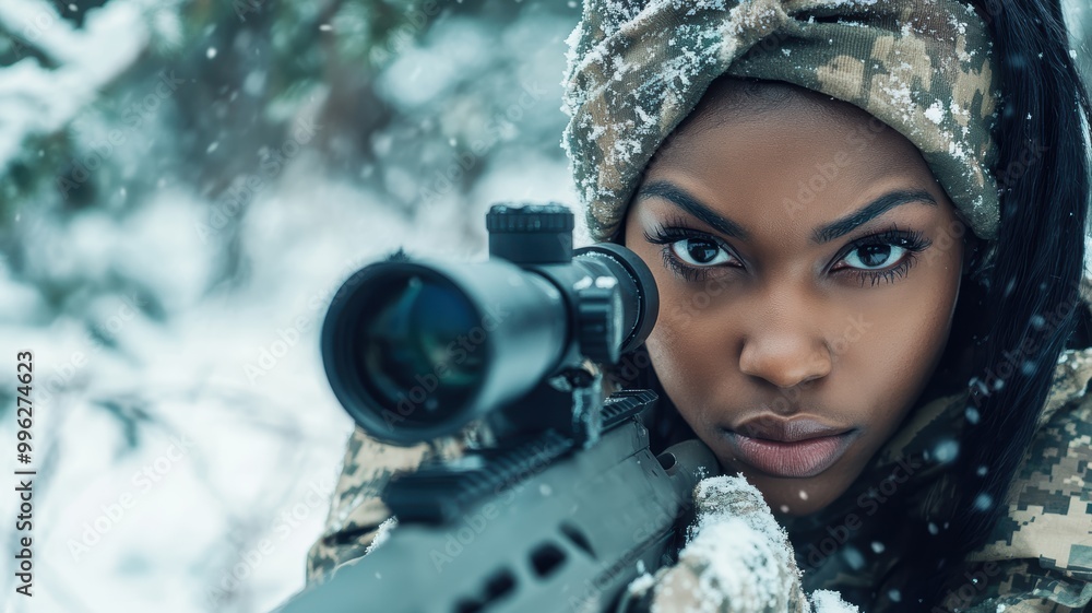 Intense close-up of a female sniper aiming through a rifle scope in a ...