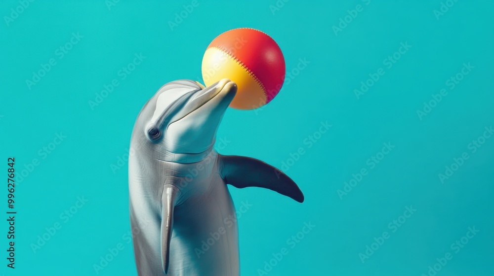 Playful dolphin balancing a beach ball on its nose against a teal ...