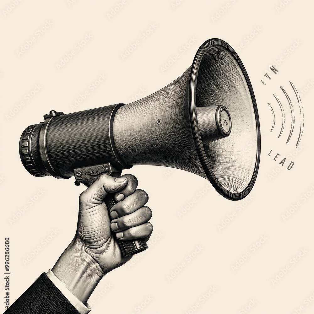 Sketch engraving depicts hand holding megaphone in vintage style black ...