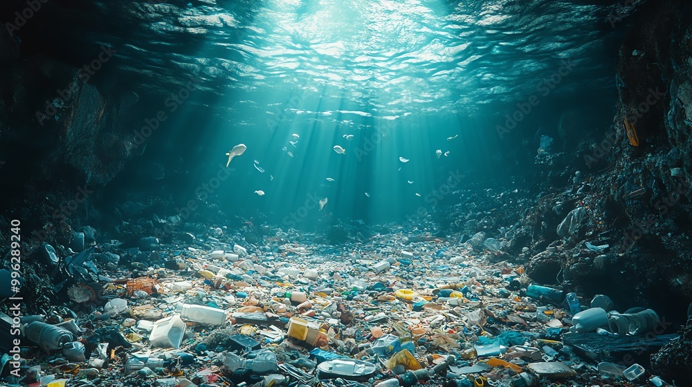 Underwater caves filled with discarded trash and debris, hidden ...