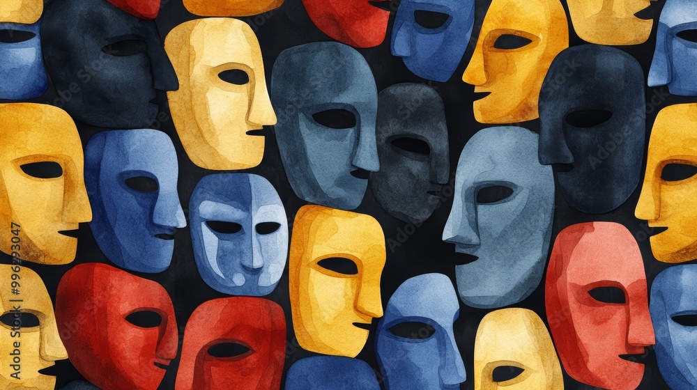 Primitive masks and symbolic human figures in a repeating pattern ...