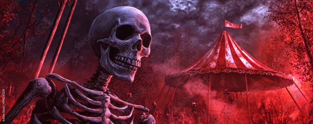 Skeletons and creepy creatures surround a circus tent, giving off an ...