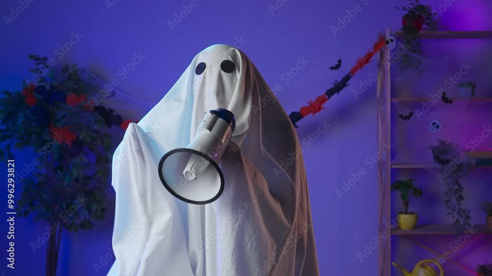 Funny halloween ghost in white sheet with black eyes in dark room ...