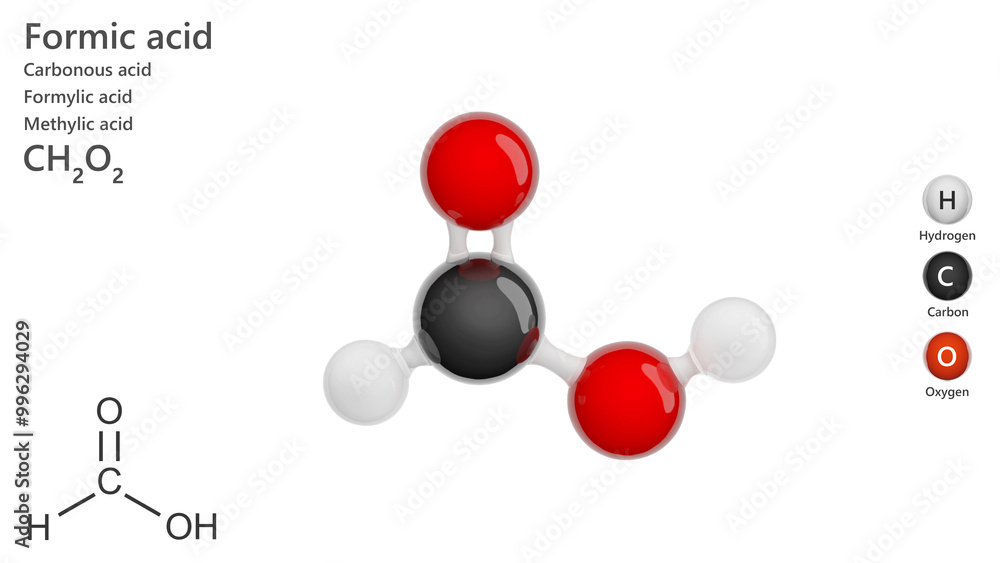 Chemical structure Formic acid. Chemical formula CH2O2. It is commonly ...