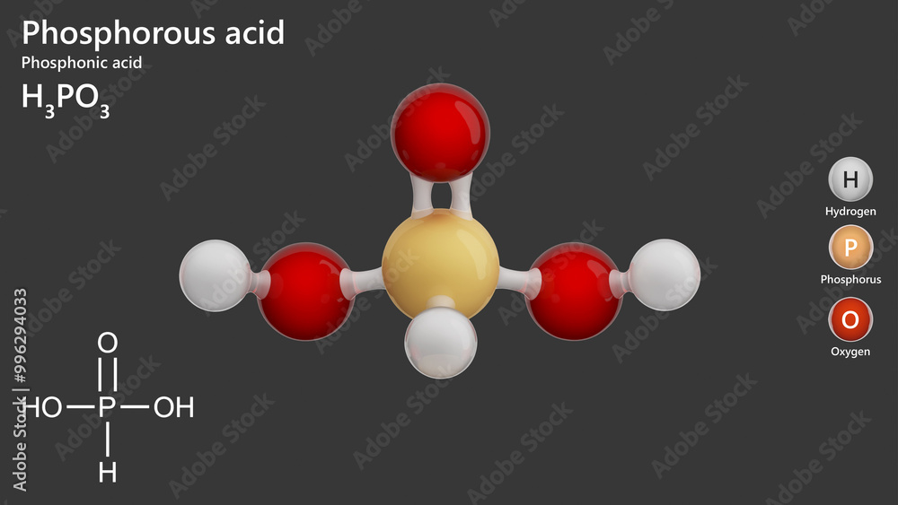 Model of the phosphorous acid molecule H3PO3. It is an intermediate in the preparation of other ...