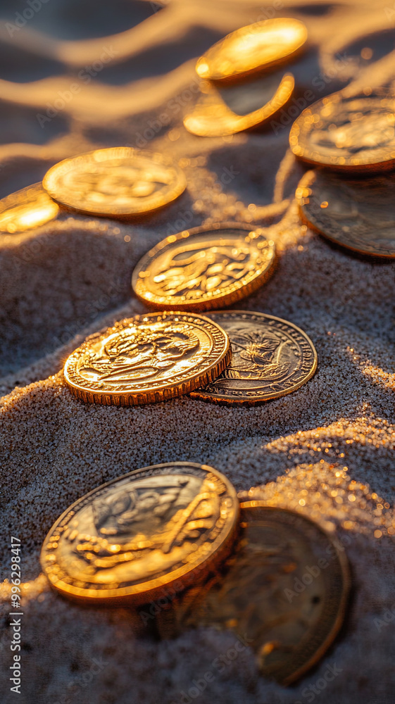 Ancient gold coins buried in sand glimmer under sunlight, evoking sense ...