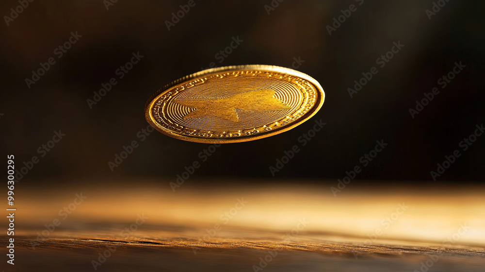 vintage gold coin spinning in air, showcasing its intricate design and ...