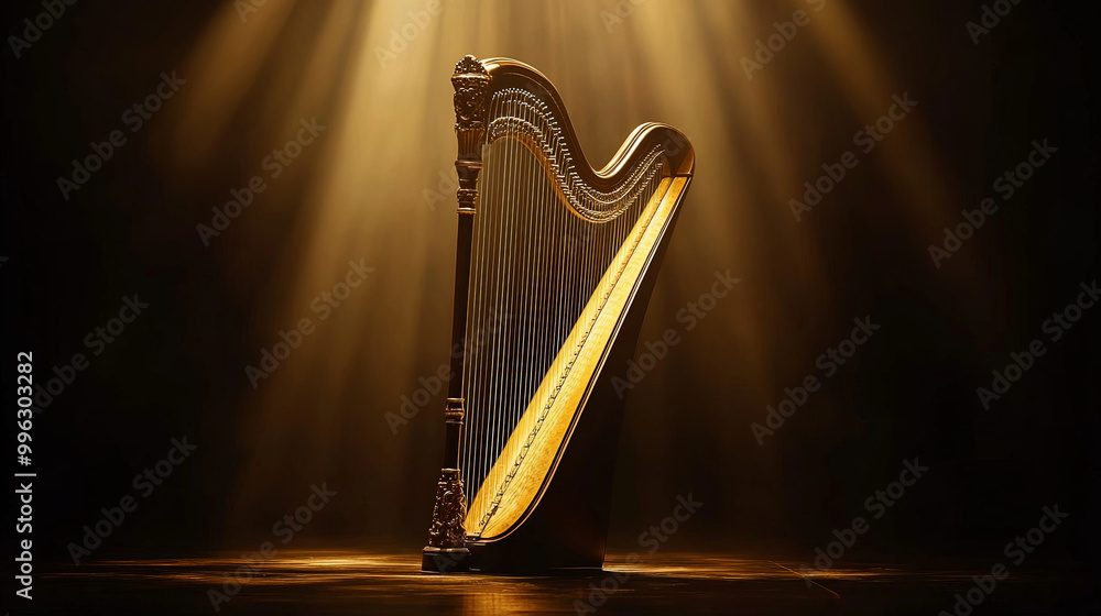 golden harp standing in spotlight, radiating elegance and charm ...