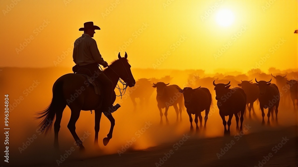 Silhouette of a Cowboy on Horseback Managing a Herd of Cattle On a ...
