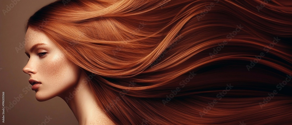 Beautiful woman model with long ginger red silky shining hair for hair ...