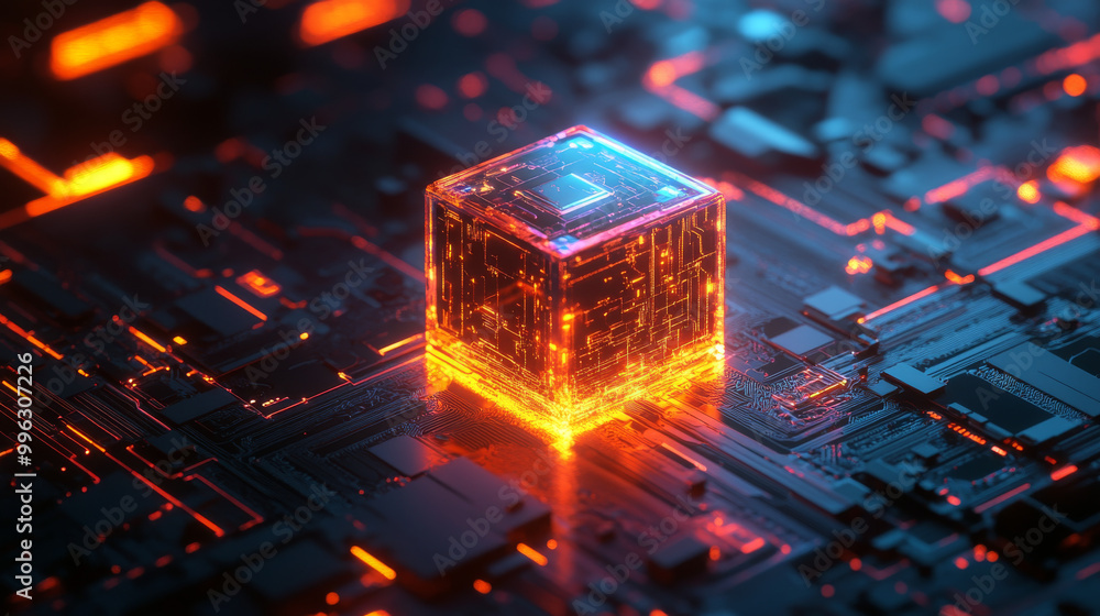 A vibrant AI cube emanating light, placed on a glowing circuit board ...