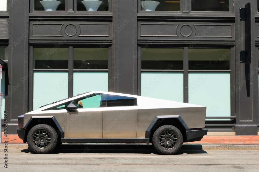 Boston, USA - 17 July 2024. futuristic electric Tesla's Cybertruck ...