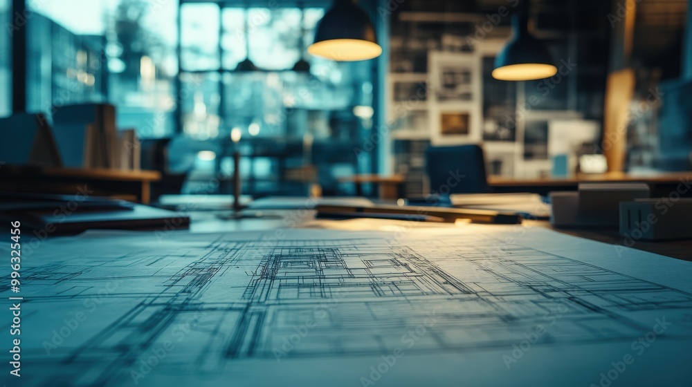 Close-up of a detailed blueprint drawing spread across a desk ...