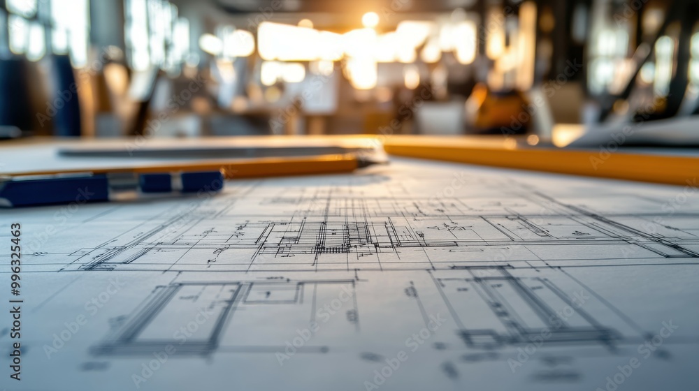 Close-up of a detailed blueprint drawing spread across a desk ...