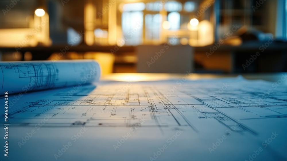 High-definition close-up of a blueprint drawing on a desk, with a focus ...